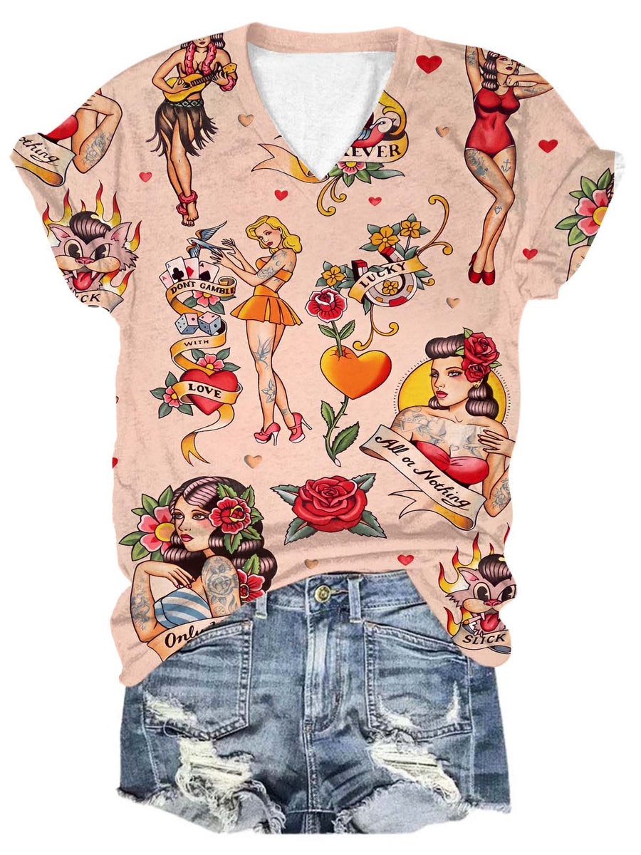 Womens Love Forever Print V Neck Short Sleeve T Shirt Mamoic